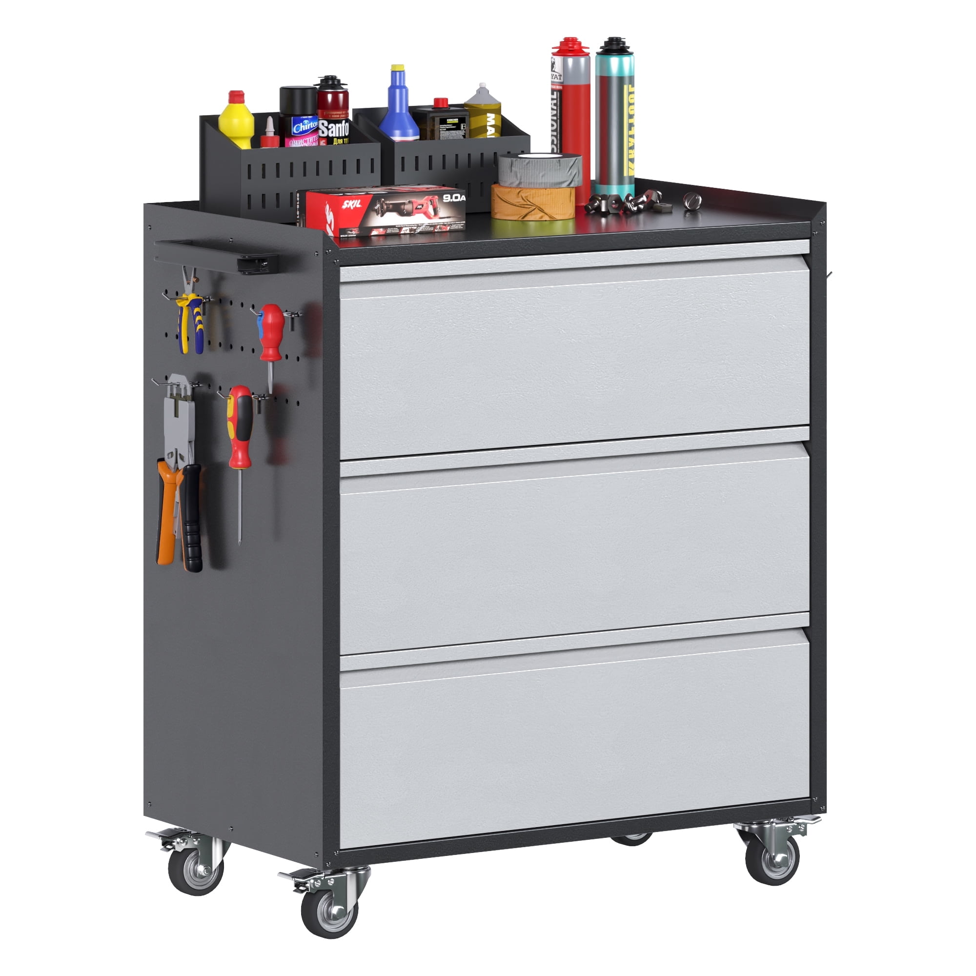 GAEANET Tool Storage Garage Cabinet with Wheels, 3 Drawer Rolling Metal ...
