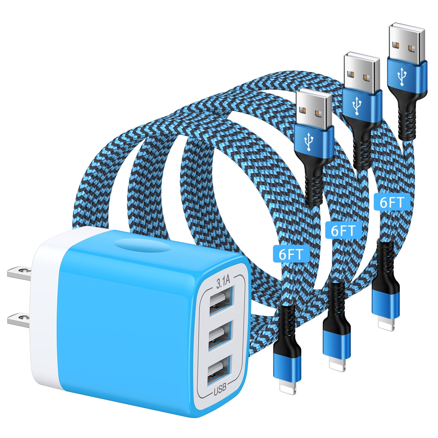 GAEF USB Charger Fast Charging Cable Compatible for iPhone,3Port Wall ...