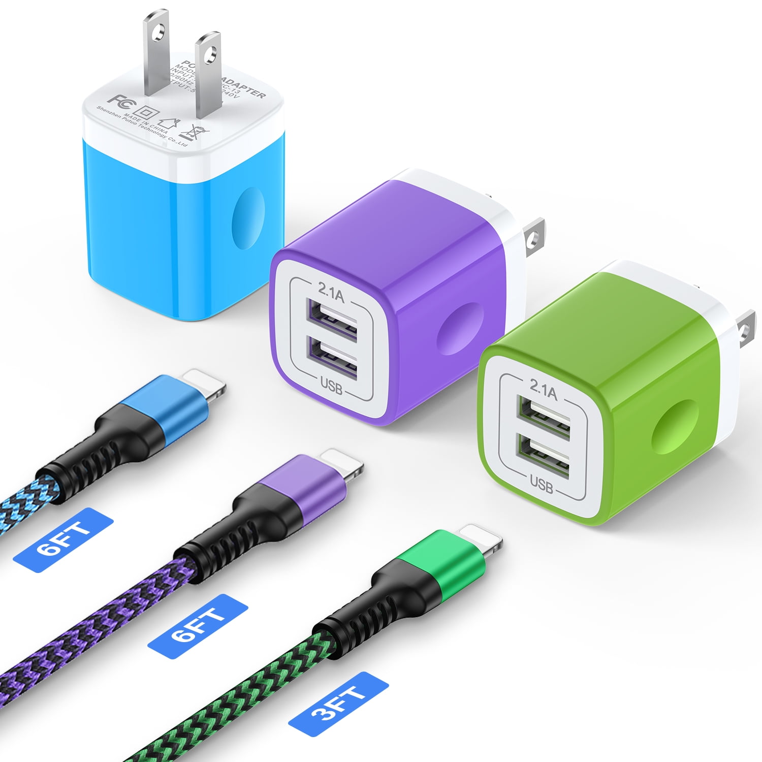 GAEF USB Charger,Fast Charging Cable 3/6/6ft USB & 3Pack Wall Charger ...