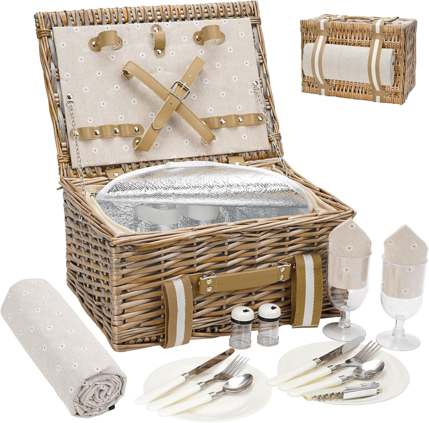 GAIN Picnic Basket for 2 - Wicker Picnic Set with Waterproof Blanket ...