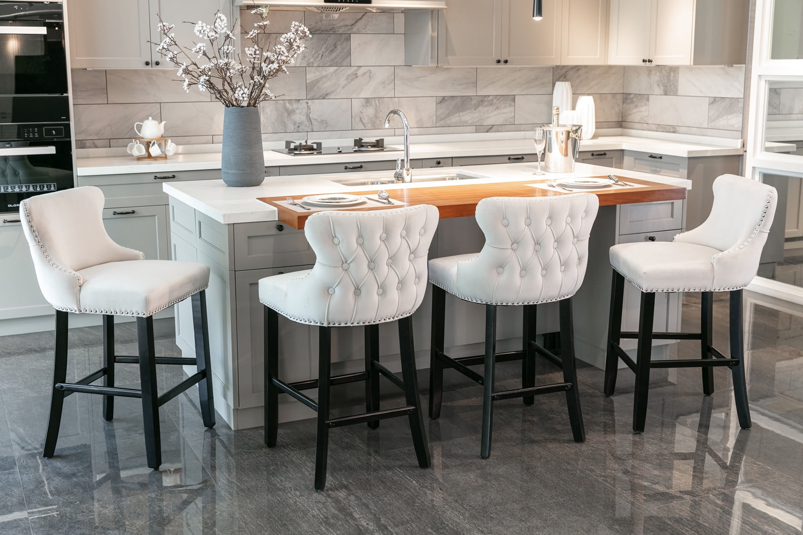 GAKMCIL Velvet Upholstered Wing-Back Barstools, Counter Height Solid ...