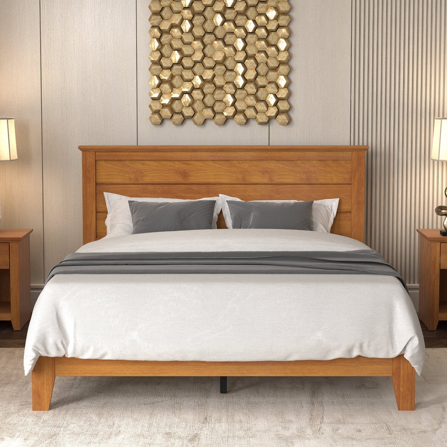 GALANO Harlowin Solid Wooden Queen Size Platform Bed With Amber Walnut ...