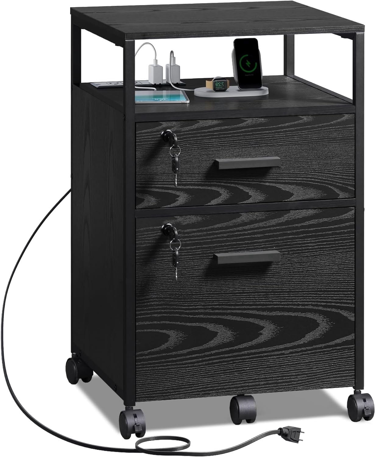 GALAXHERO 2-Drawer Wood File Cabinet with Lock and Charging Station ...