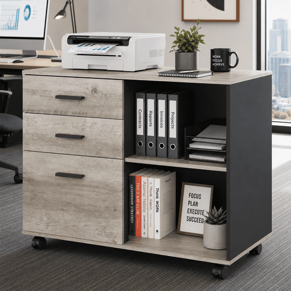 VINGLI 3-Drawer File Cabinet with Lock, Wood Rolling Filing Cabinets ...