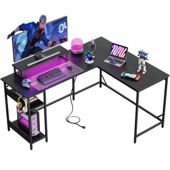 GALAXHERO 60 Inch L Shaped Gaming Desk with LED Lights & Power Outlets ...