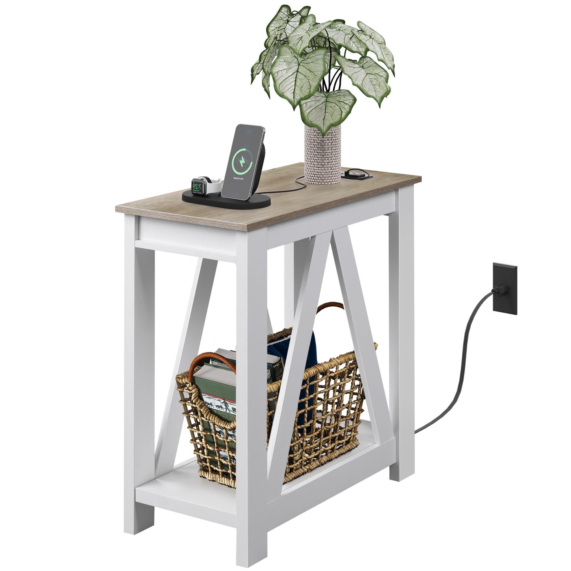 GALAXHERO Farmhouse End Table, Narrow Side Table with Charging Station ...