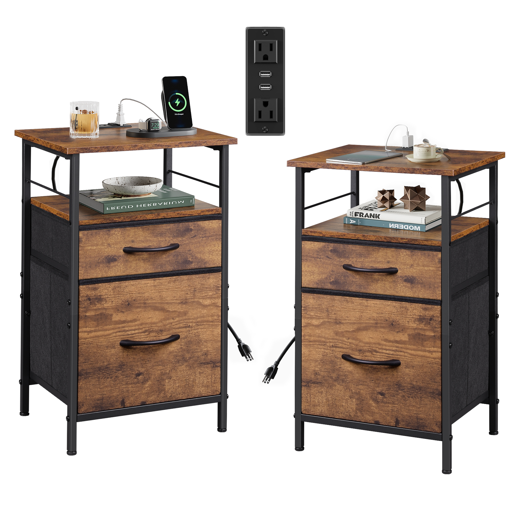GALAXHERO Night Stand Set 2, Nightstand with Charging Station, Bedside ...