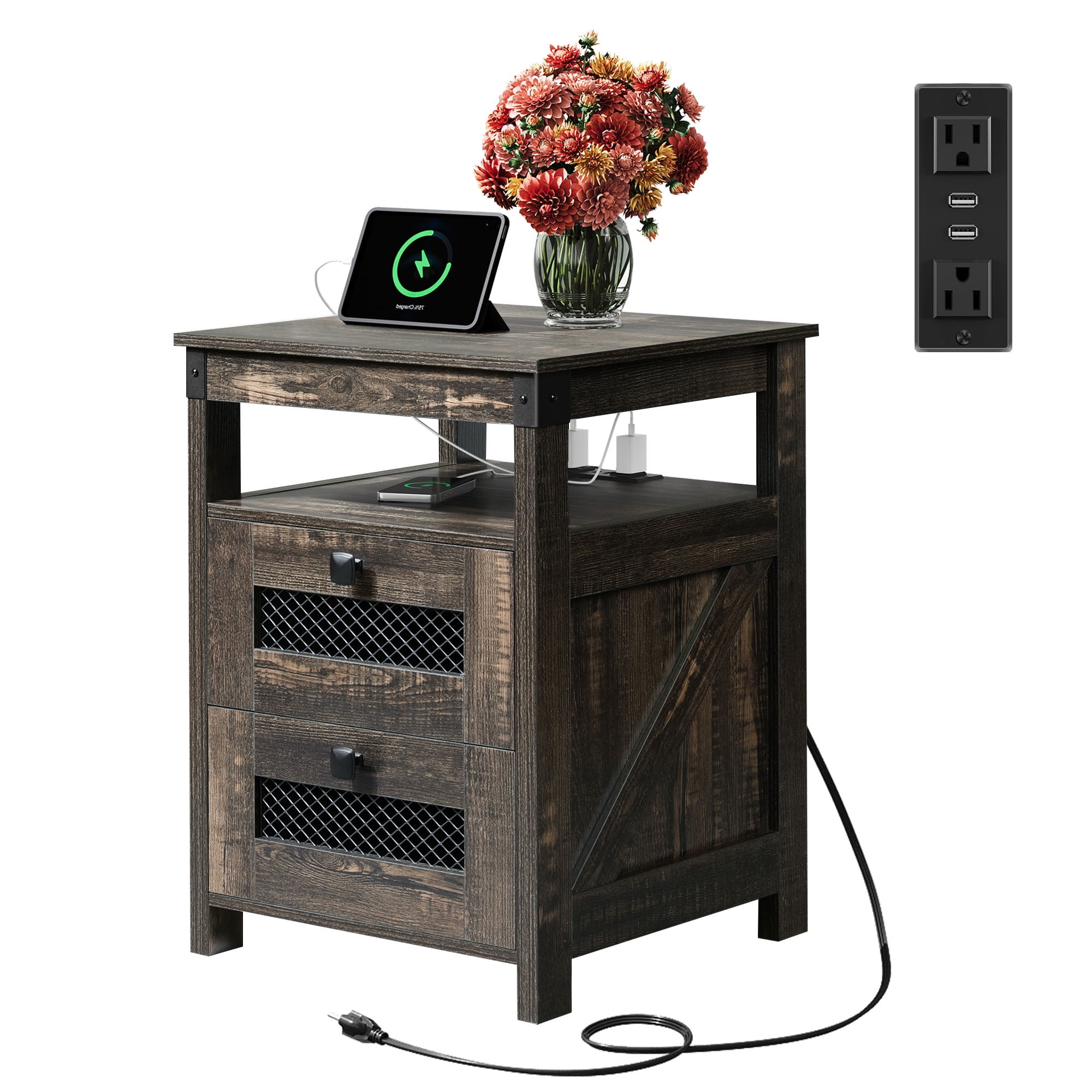 GALAXHERO Nightstand with Charging Station, 2-Drawer End Table for ...