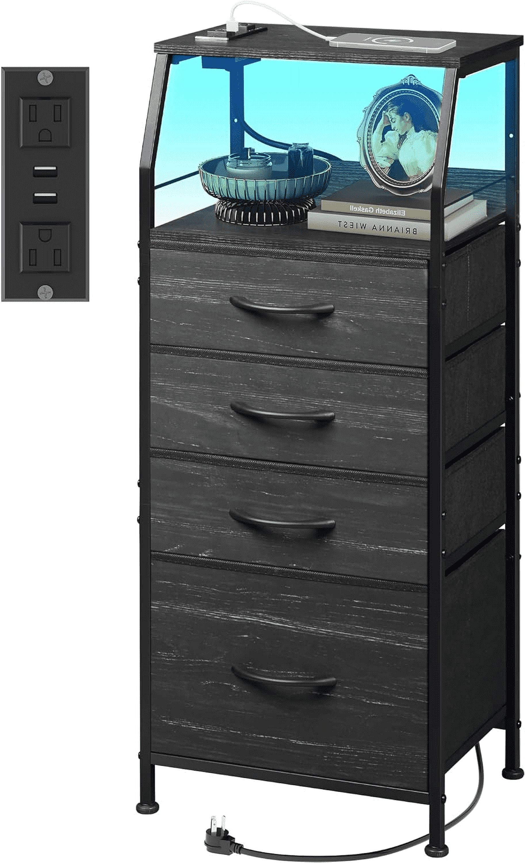 GALAXHERO Nightstand with Charging Station, LED Light, 4-Drawer Tall ...