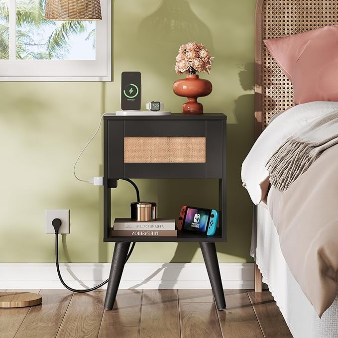 GALAXHERO Rattan Nightstands Set of 2 with Charging Station, Boho Wood ...