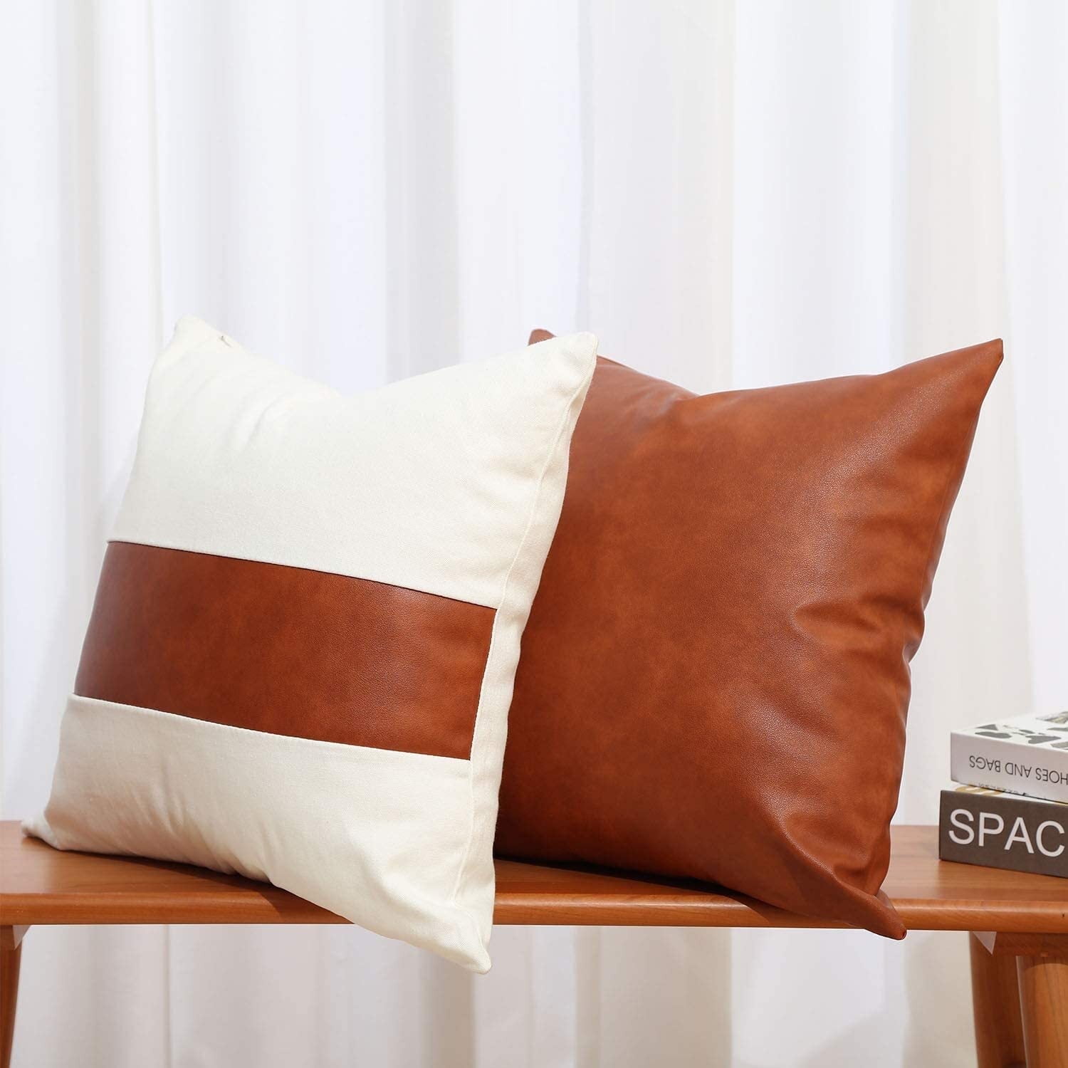 GALMAXS7 2 Bown Faux Leather and Cotton Decorative Pillow Covers ...