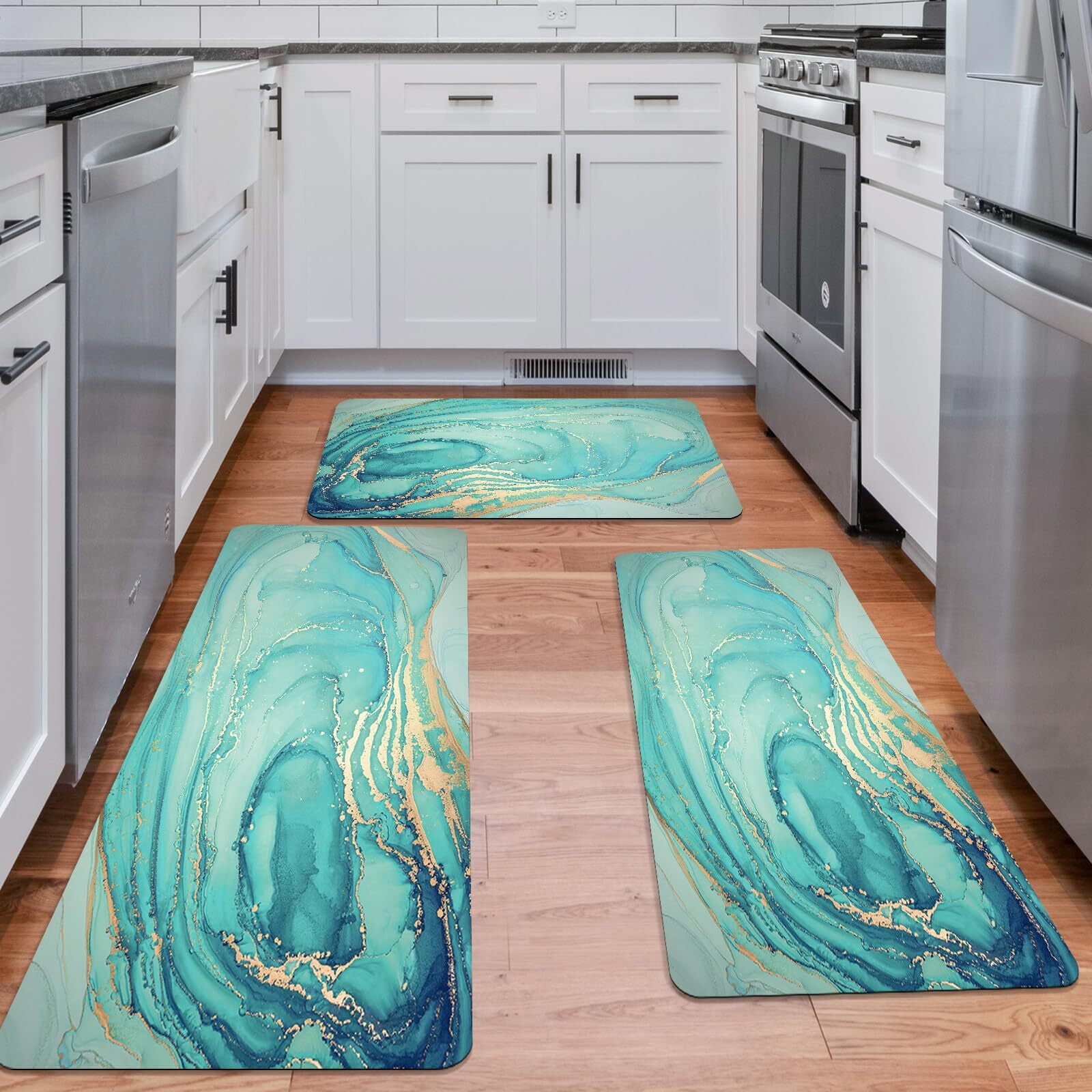 GALMAXS7 3 Pcs Kitchen Rugs Non Slip Washable Rubber Kitchen Mats Teal ...
