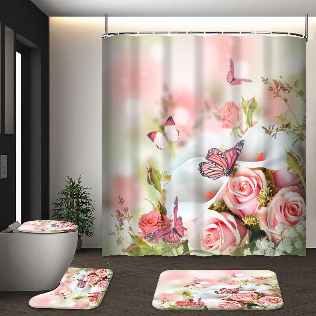 GALMAXS7 4Pcs Butterfly Shower Curtain Sets with Rugs and Hooks Pink ...
