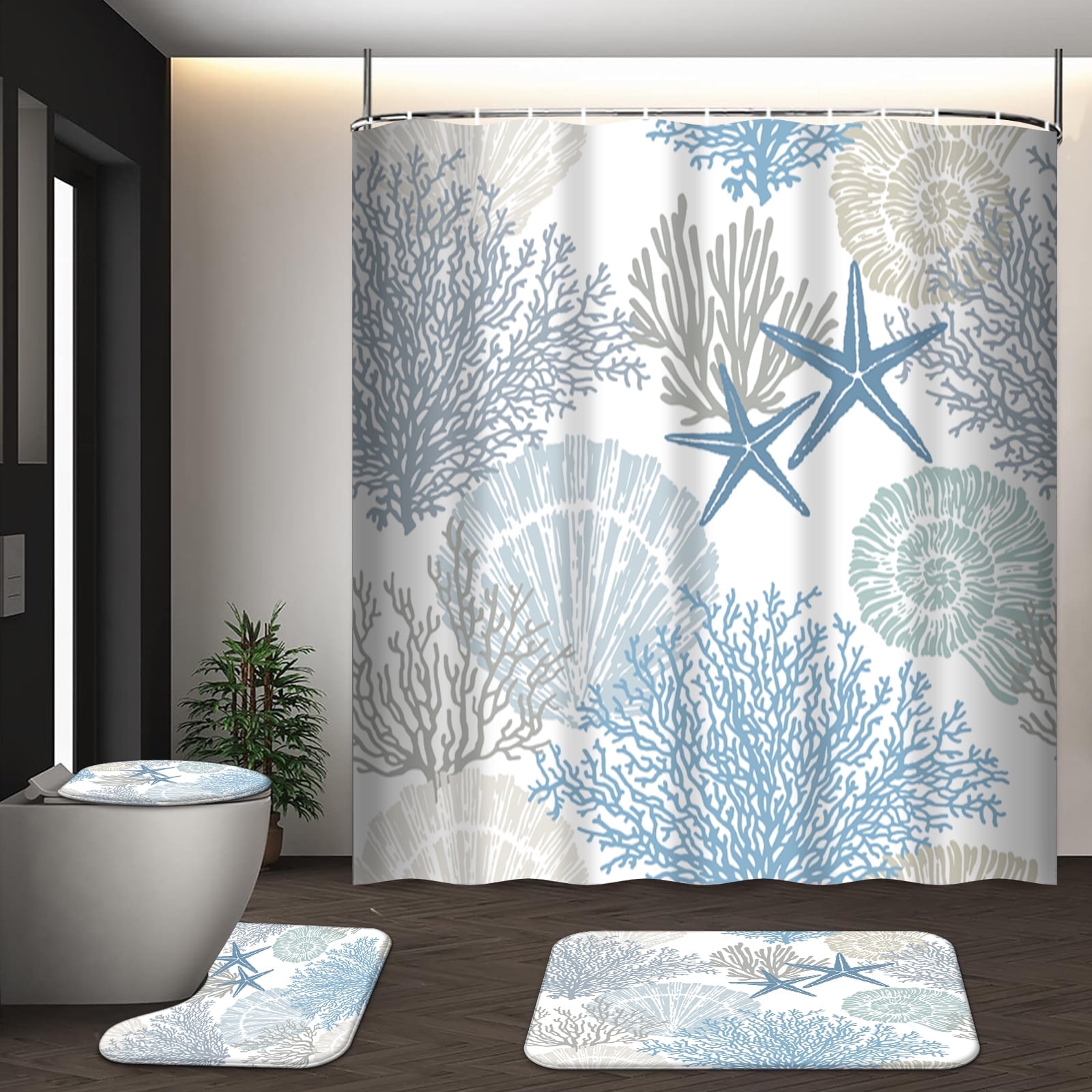 GALMAXS7 4Pcs Shell Shower Curtain Sets with Rugs Bathroom Decor Marine ...