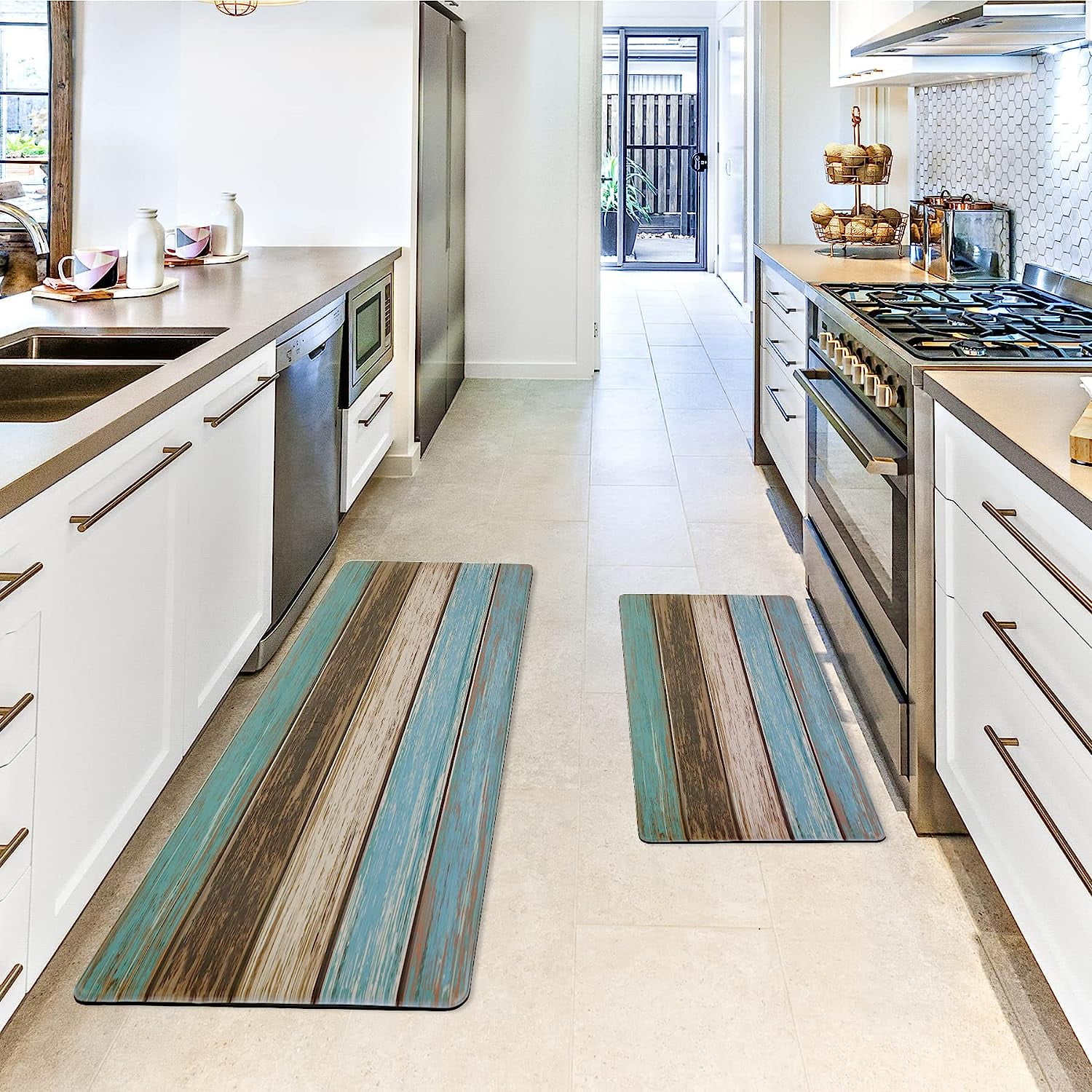 GALMAXS7 Anti Fatigue Kitchen Rugs Set, Teal PVC Farmhouse Decor ...