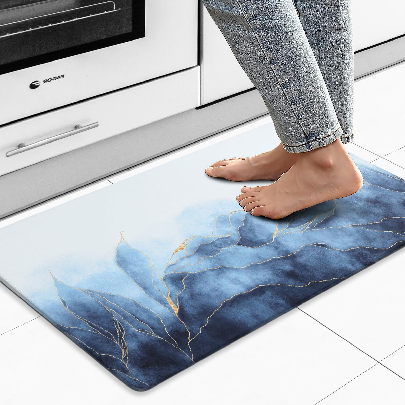 GALMAXS7 Kitchen Floor Mat Blue Gold Anti Fatigue Kitchen Rug Non Skid ...