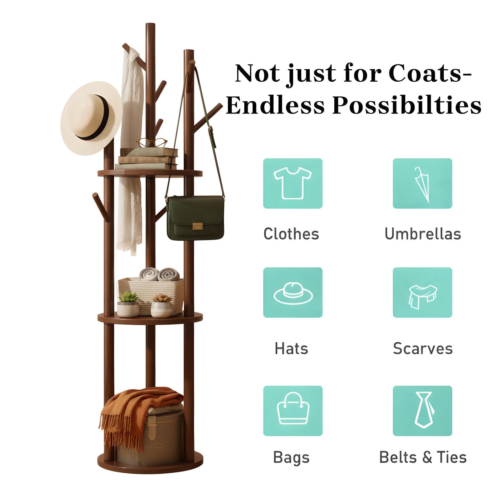 GAMBE Wood Coat Rack with 3 Shelves and 9 Hooks Coat Tree Hanger ...