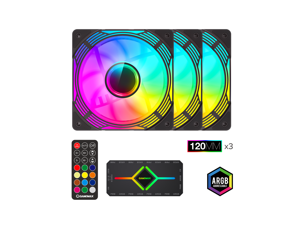 GAMEMAX KF300 BK, 120mm Black frame ARGB Fan 3 in 1 Kit, Along Includes ...