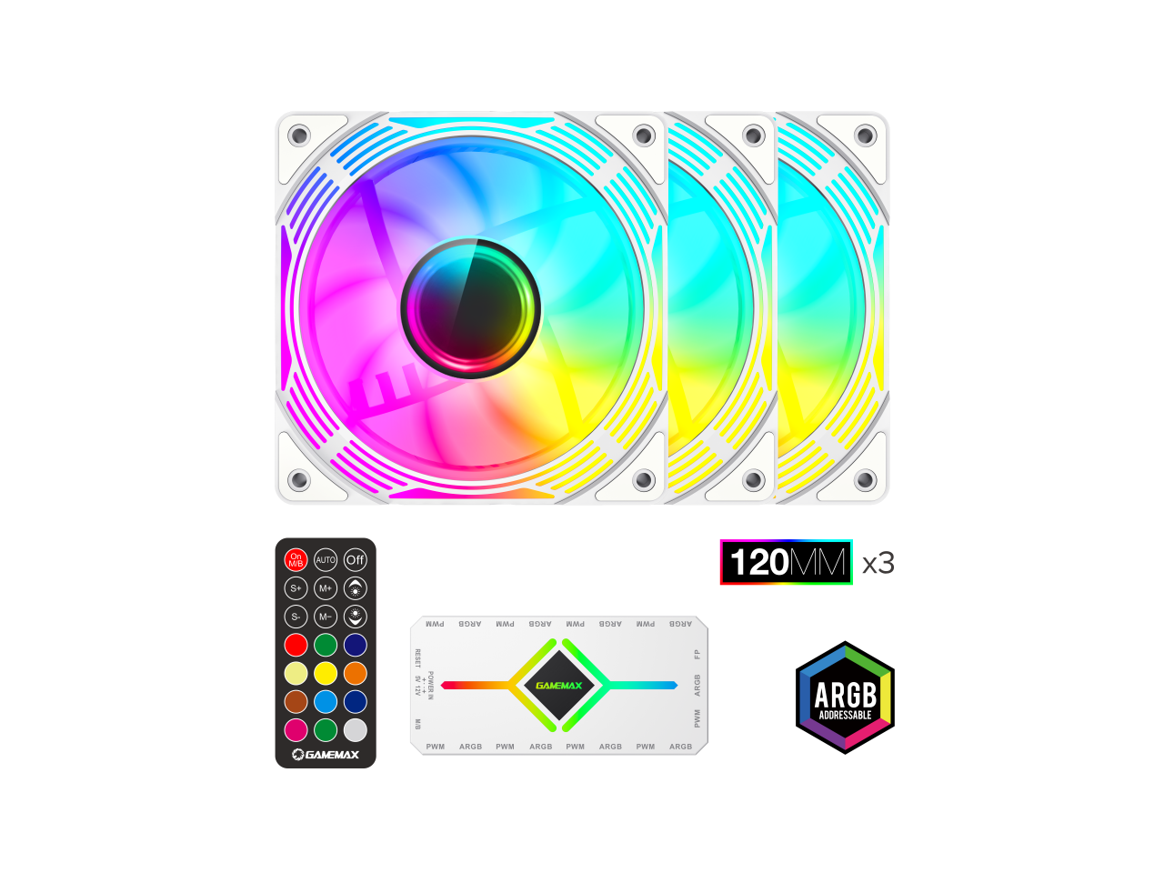 GAMEMAX KF300 WH, 120mm White frame ARGB Fan 3 in 1 Kit, Along Includes Premium V4.0 ARGB HUB ...