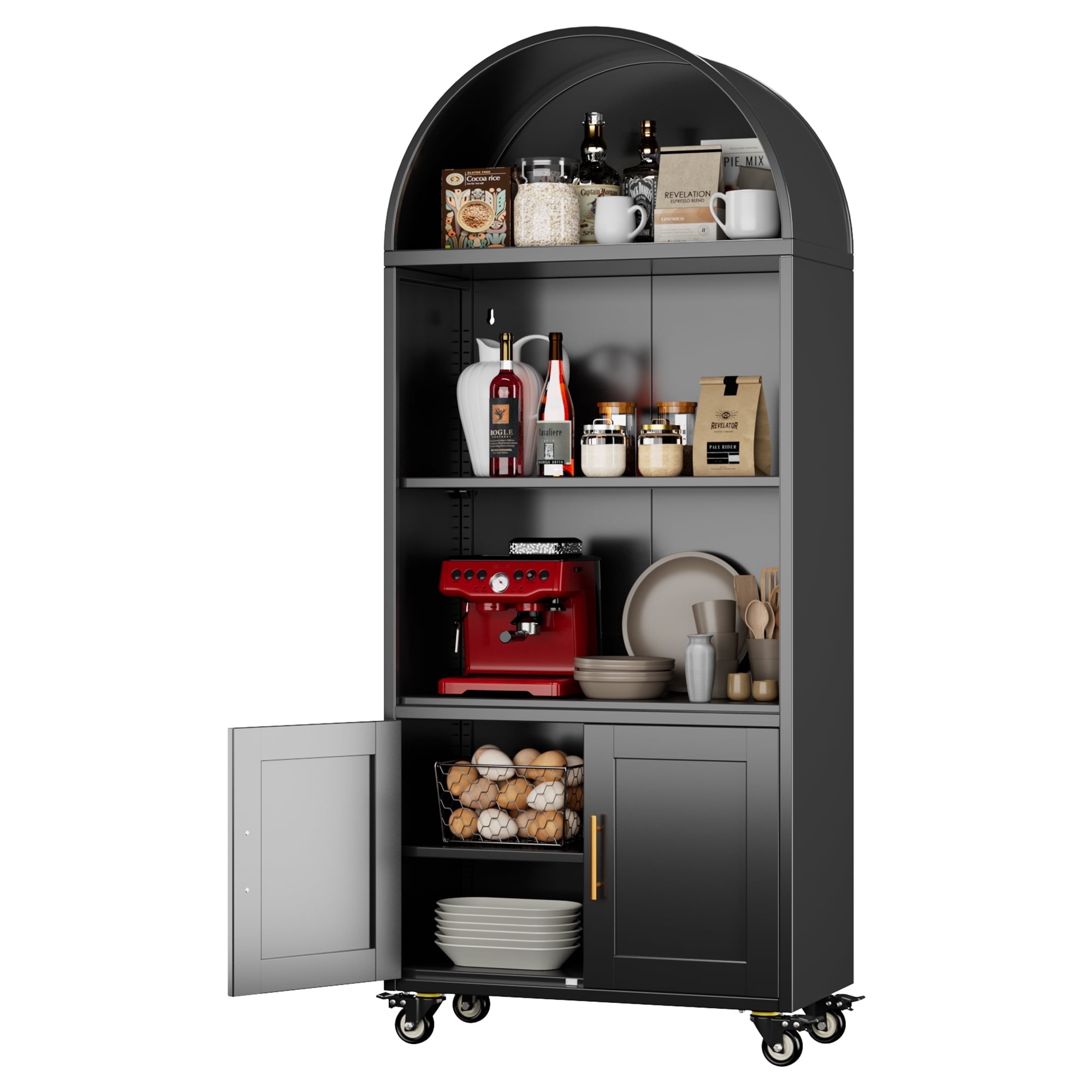 GANGMEI 73" Tal Metal Arched Bookcase with Wheels, Modern Freestanding ...