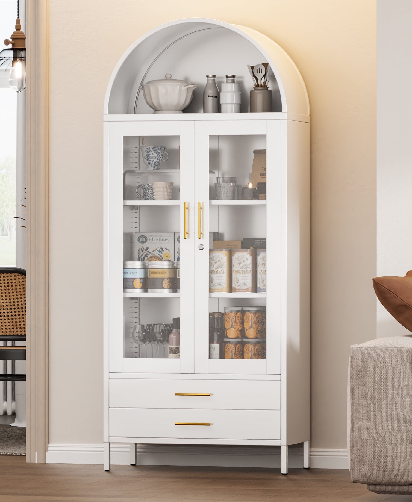 Farmhouse Curio Cabinet Display Cabinet With 4 Glass Doors, Large