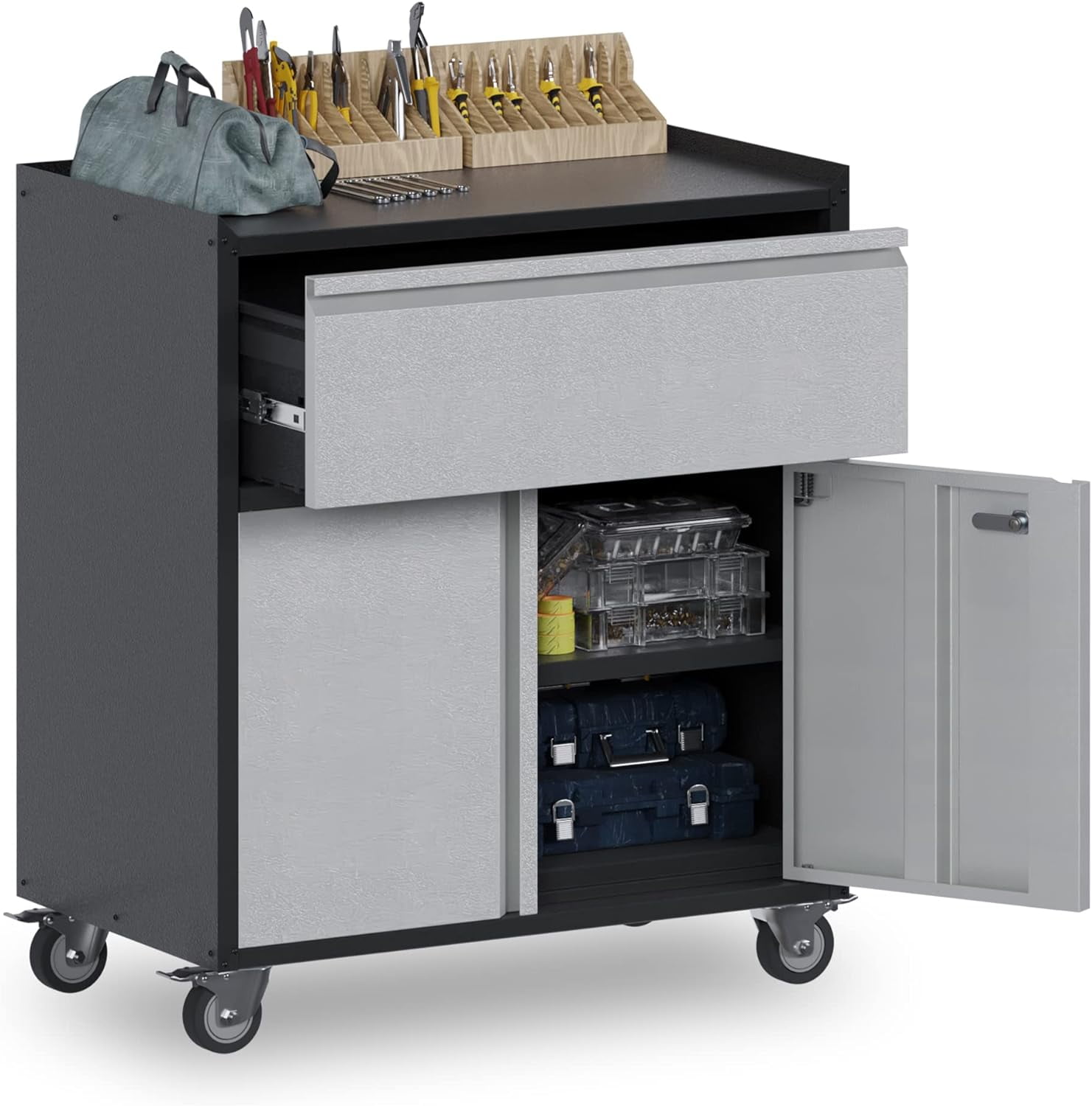 GANGMEI Metal Garage Cabinet with Wheels, Rolling Storage Cabinets with ...