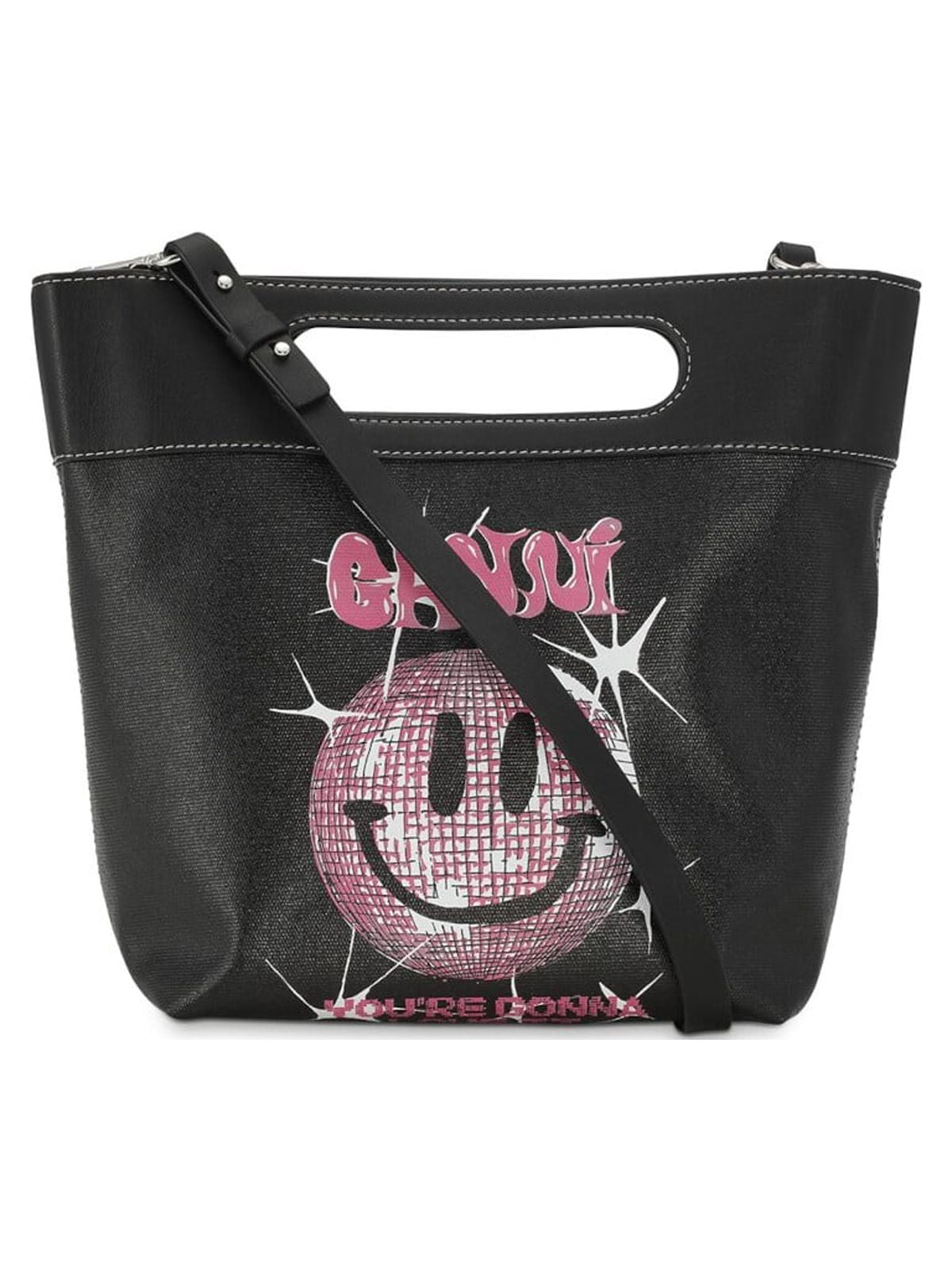 GANNI Women's Black Double Handle Solid Leather Trim Logo Graphic ...
