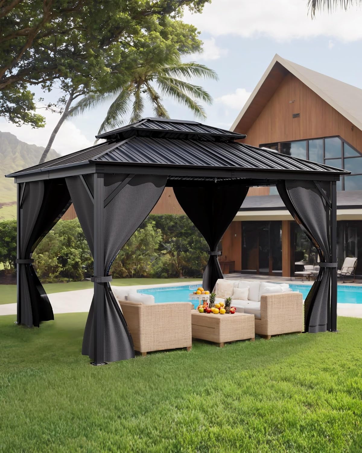 GAOMON 10' x 14' All-Weather Gazebo with Double Metal Roof, Aluminum ...