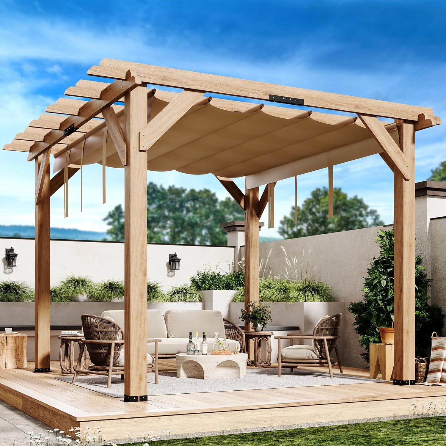 GAOMON 10x10 Ft Cedar Wood Pergola with Retractable Shade Canopy ...