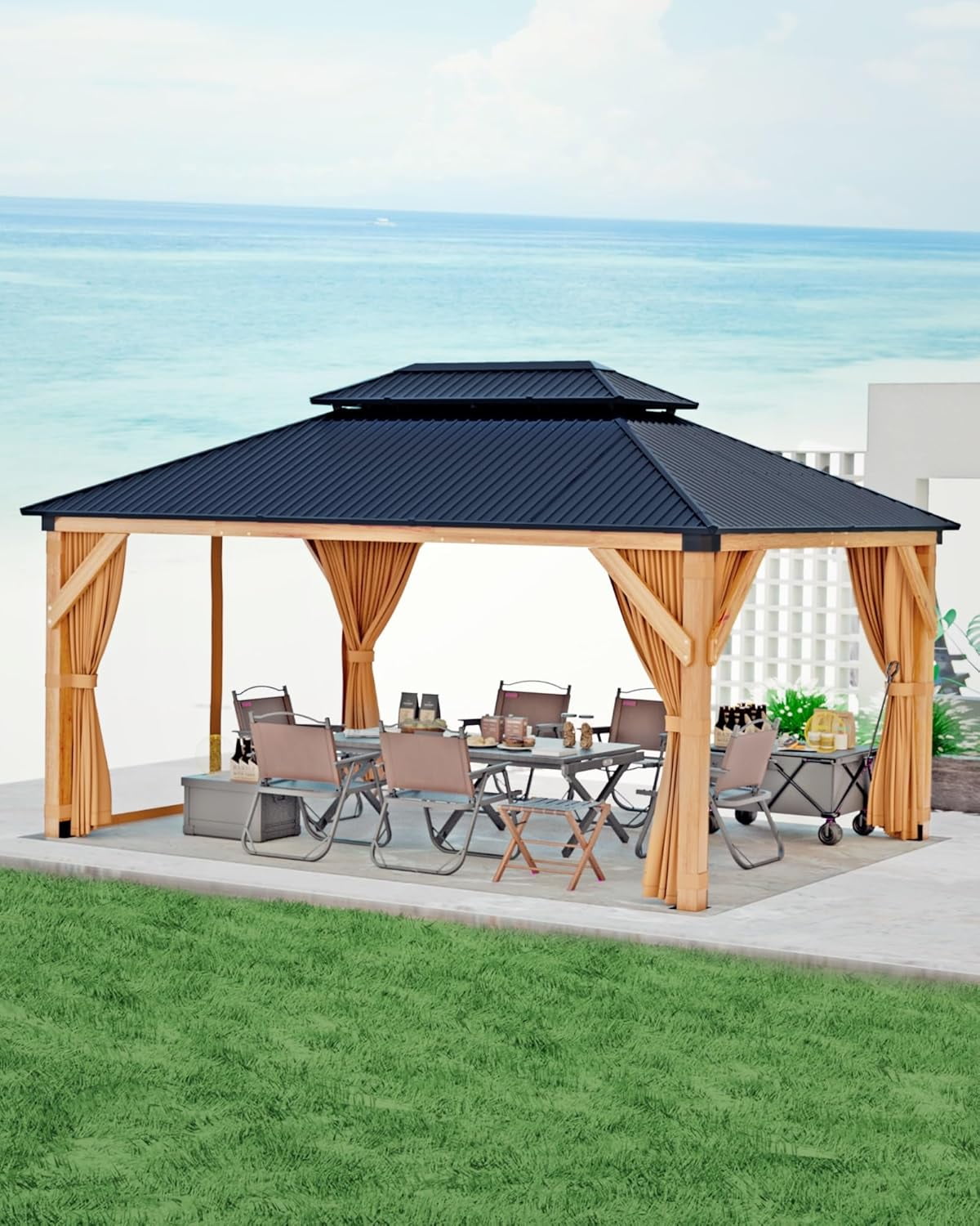 GAOMON 12'x16' Hardtop Spruce Wood Gazebo with Double Metal Roof, Heavy ...