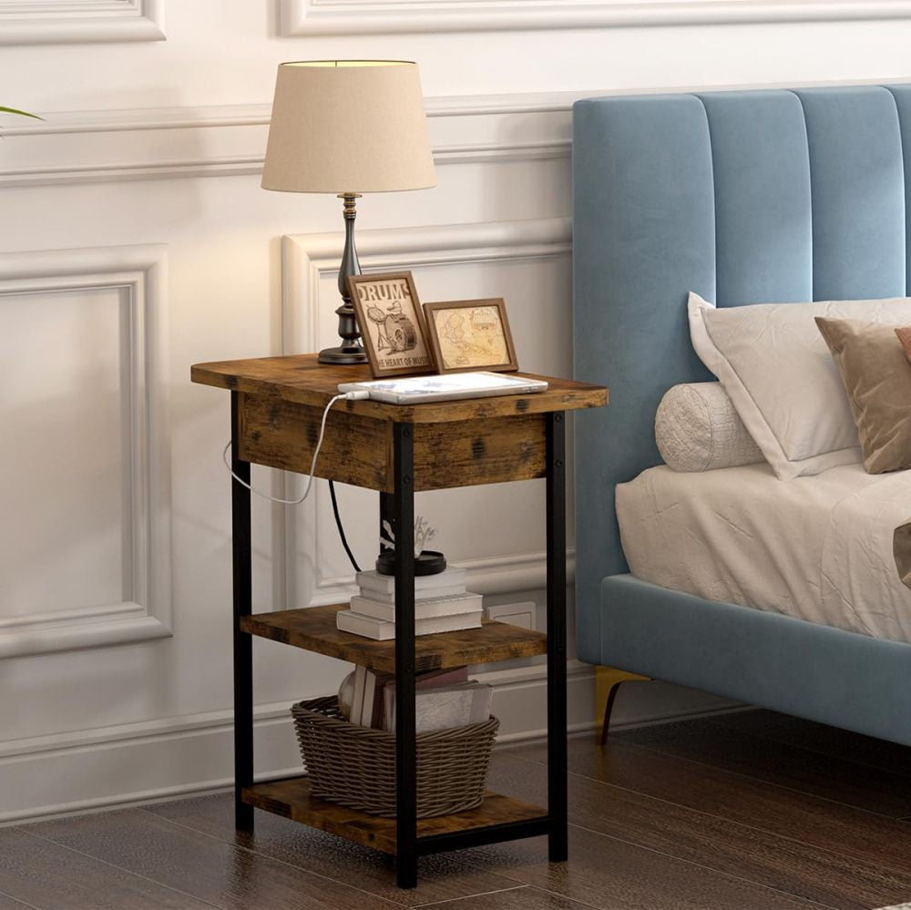 GAOMON 3-Tier Side Table with Socket and USB Port, Wooden Patchwork ...