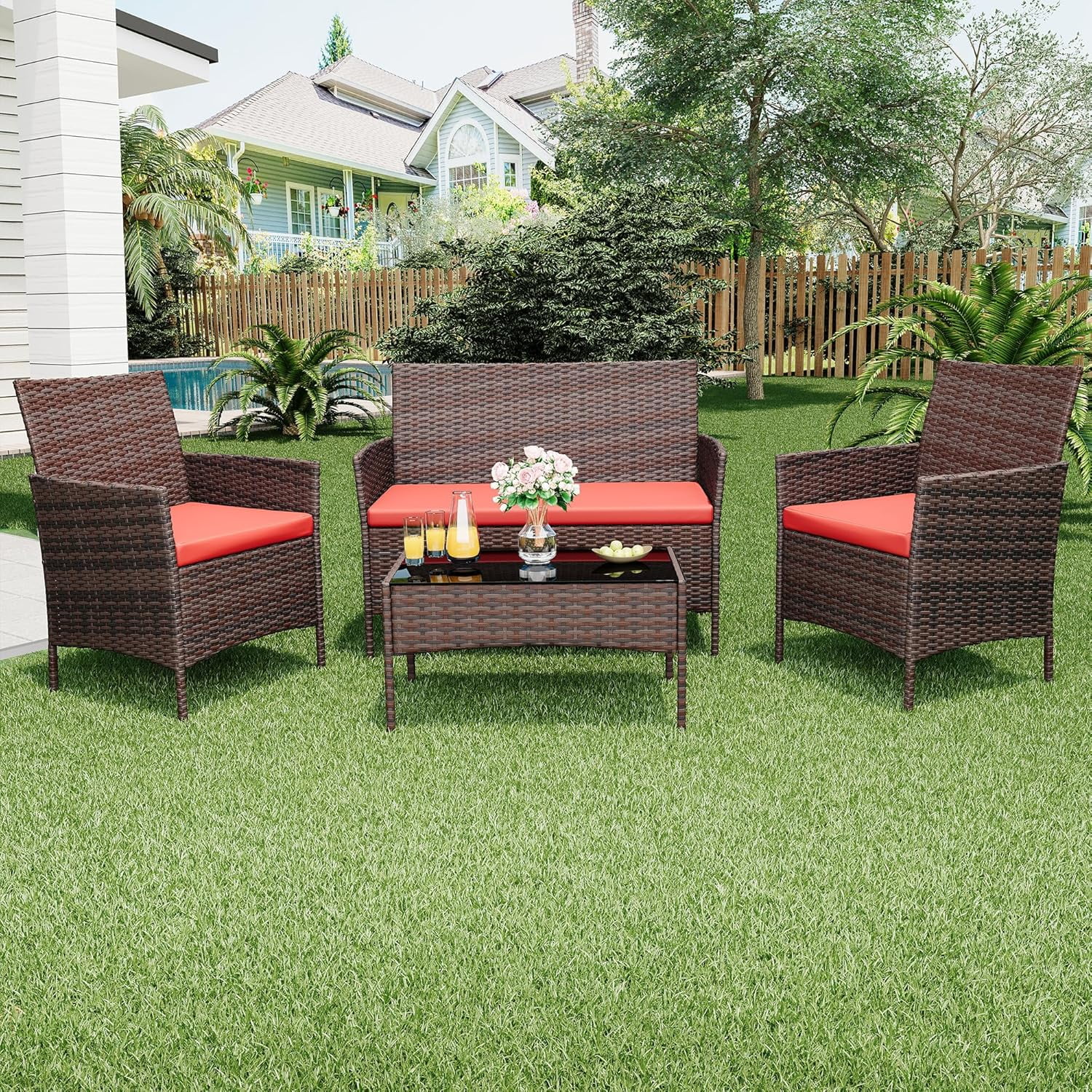 GAOMON 4-Piece Rattan Patio Furniture Set, Outdoor Wicker Sofa Couch ...