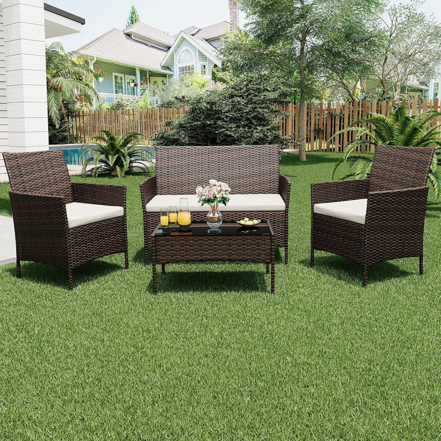 GAOMON 4-Piece Rattan Patio Furniture Set, Outdoor Wicker Sofa Couch ...