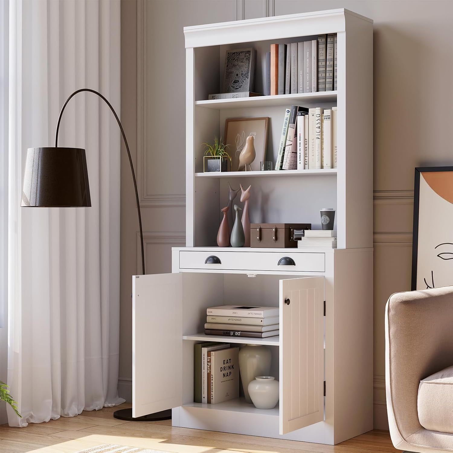 GAOMON 5 Tier Bookshelf with 2 Doors and 1 Drawer, 70" Tall Modern ...