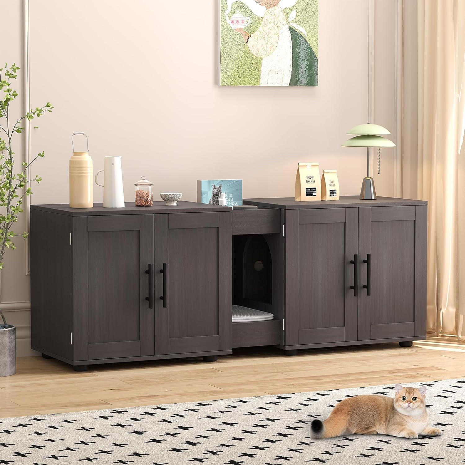 GAOMON 55" Wooden Litter Box Enclosure with Double Room, Hidden Cat ...