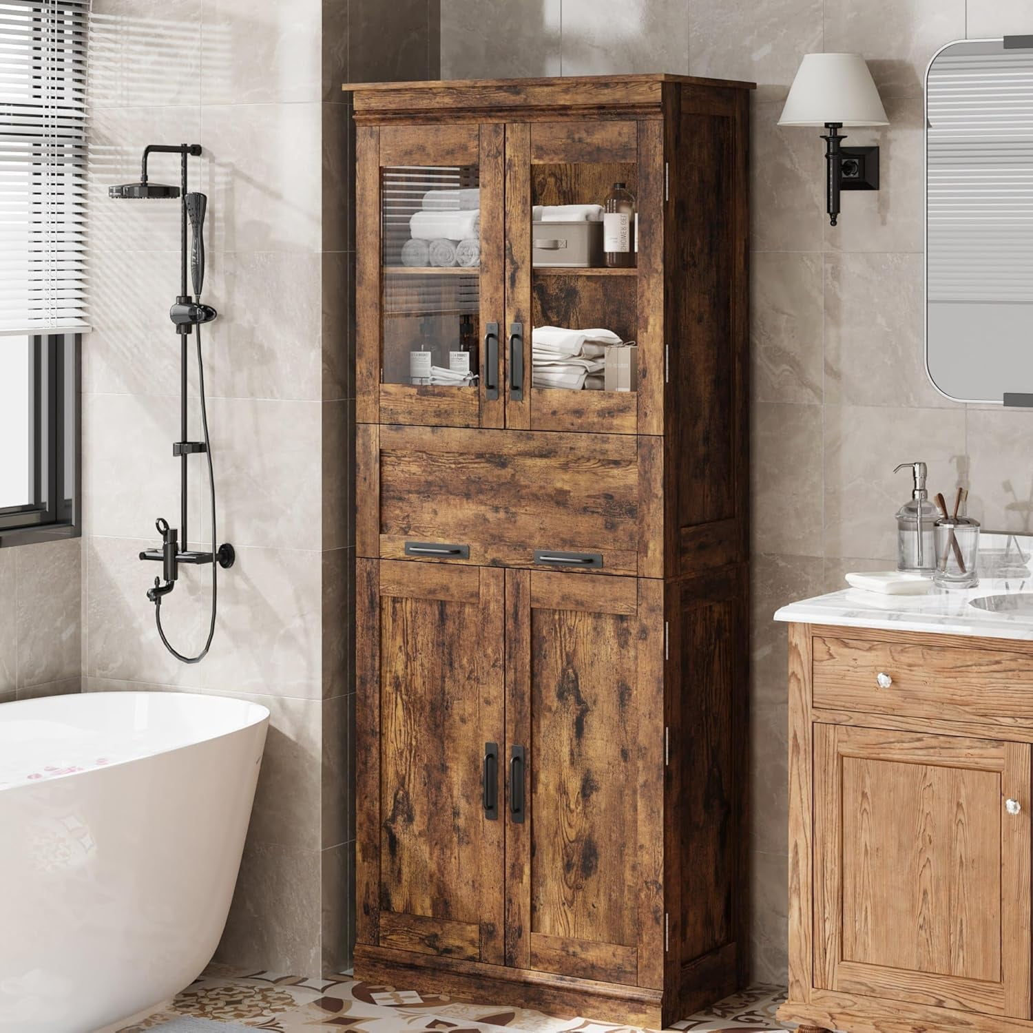 GAOMON 67" Tall Bathroom Cabinet with 4 Doors & Flip Glass Drawer ...