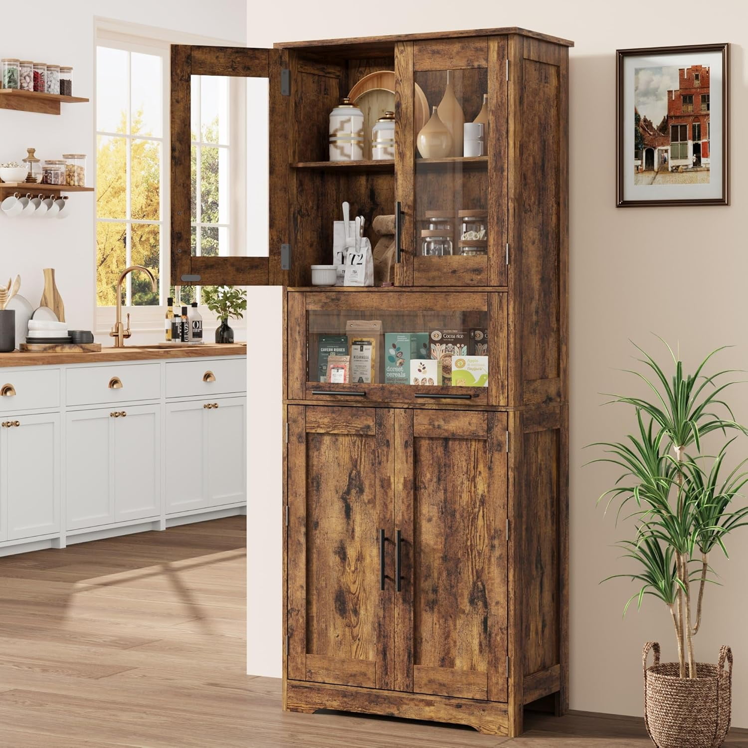 GAOMON 67" Tall Kitchen Pantry Storage Cabinet with Glass Doors ...