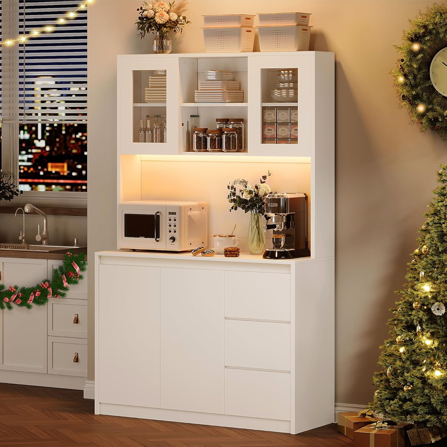 GAOMON 71" Kitchen Pantry Cabinet with LED Lights and Charging Station ...