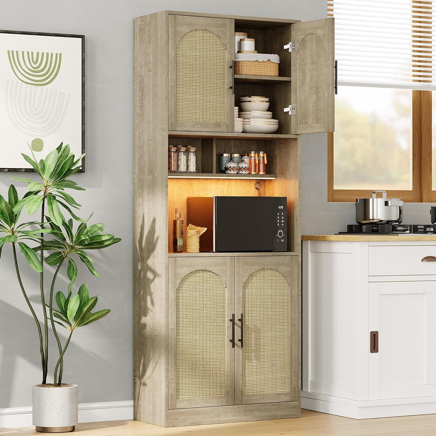 GAOMON 71" Pantry Cabinet, Tall Rattan Kitchen Hutch with Led Lights ...