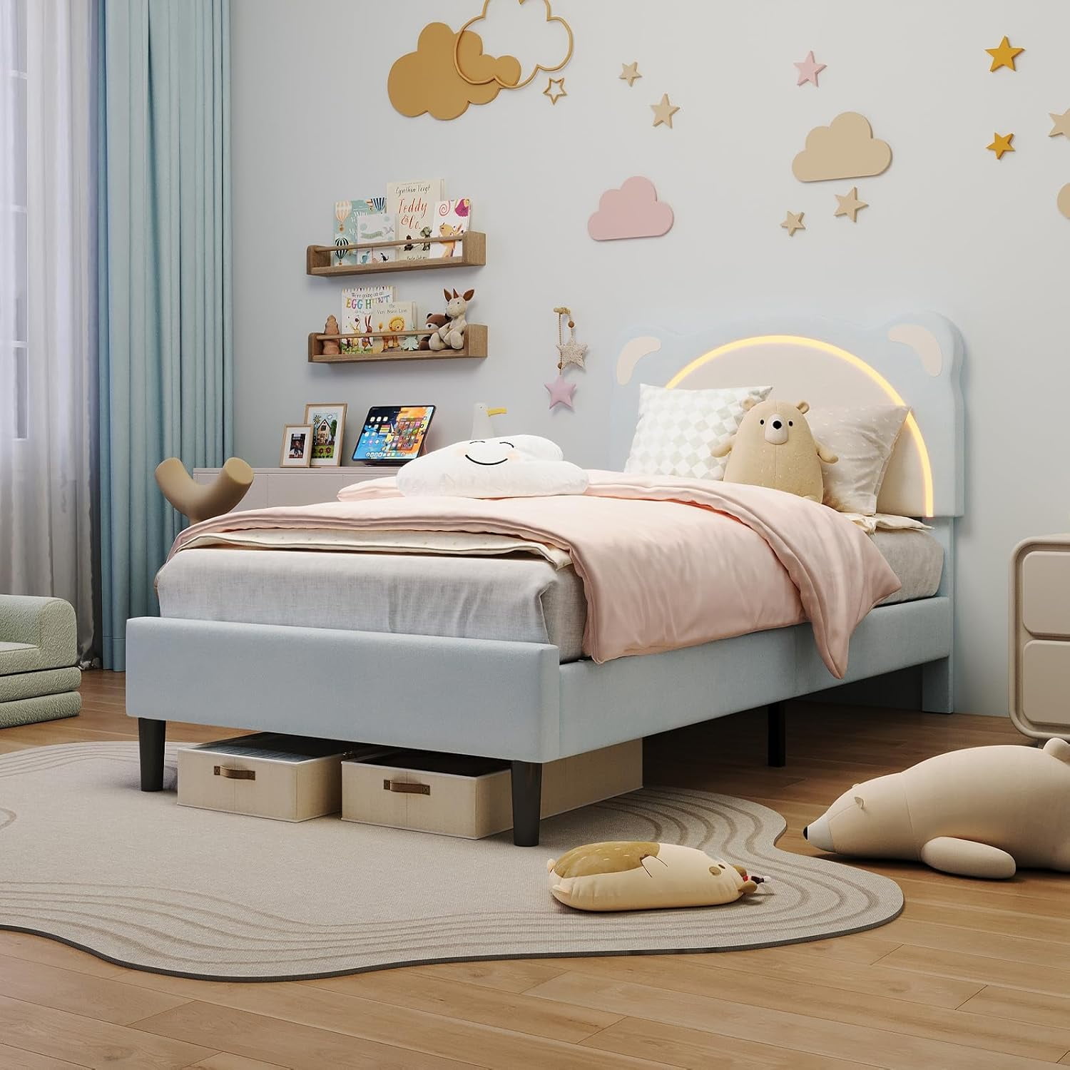 GAOMON Bed Frames, Twin Size without Storage Drawer, Blue & Beige ...