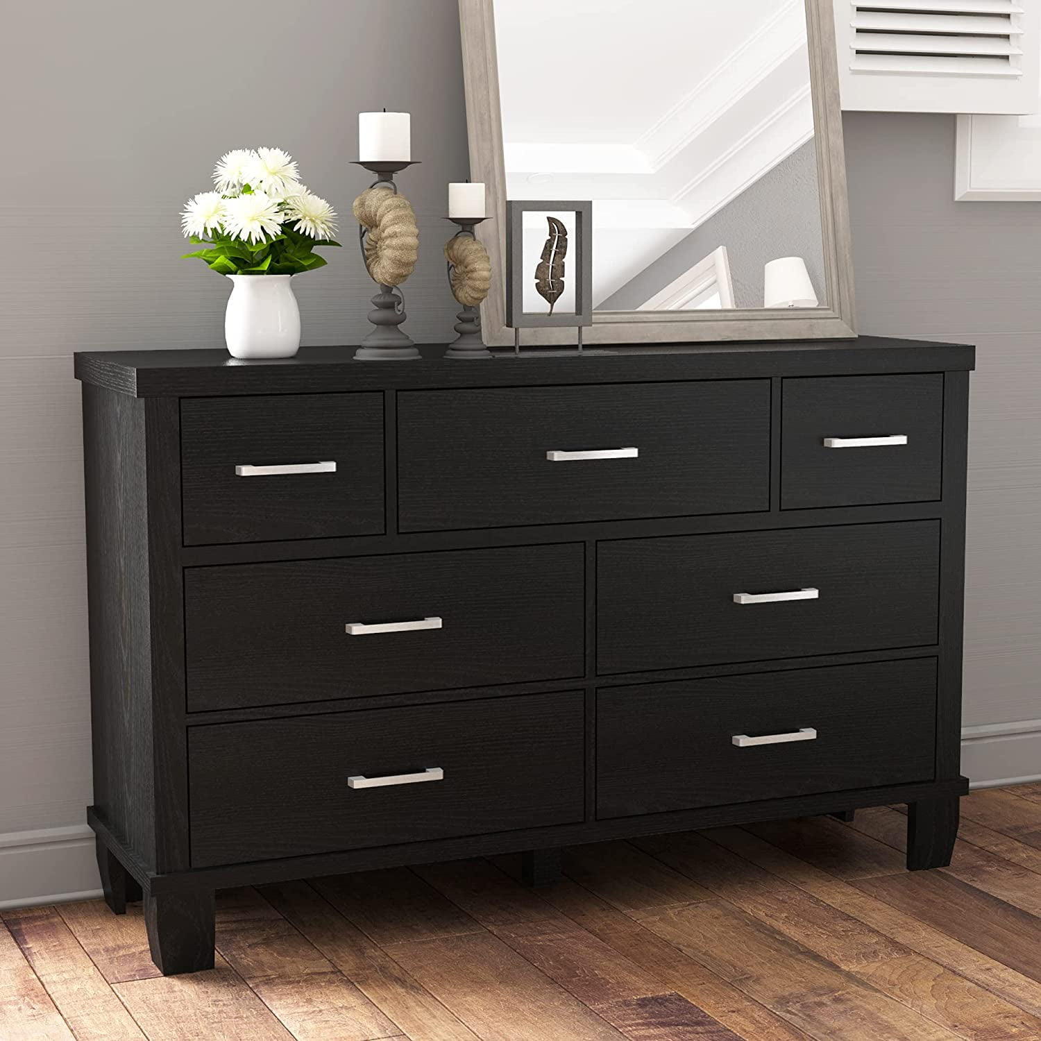 GAOMON Black Dresser 7 Drawer Dresser for Bedroom, Modern Fluted ...