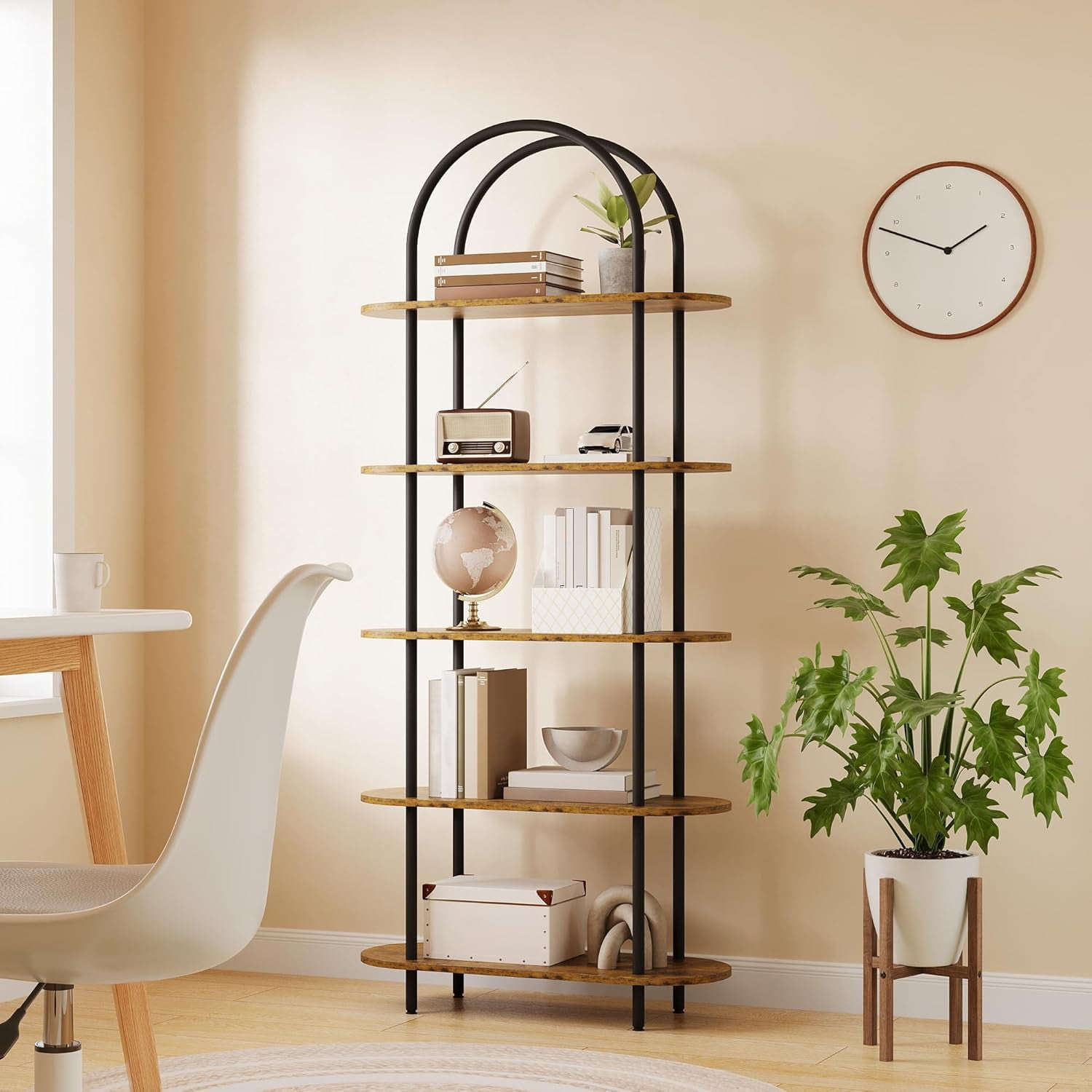 GAOMON Bookcases, Black + Retro Color, 70.87" Tall, 5-Tier Arched ...