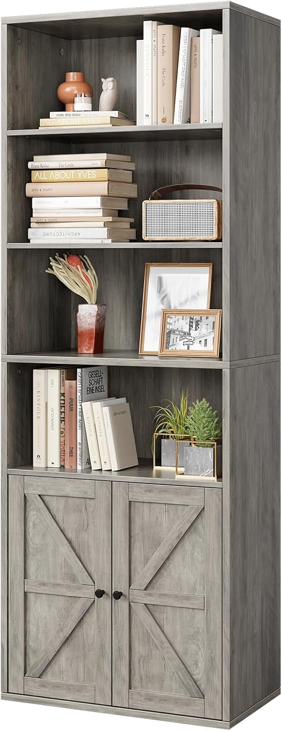 GAOMON Bookcases, Grey Industrial Bookcase with Doors, 71.4" Tall ...