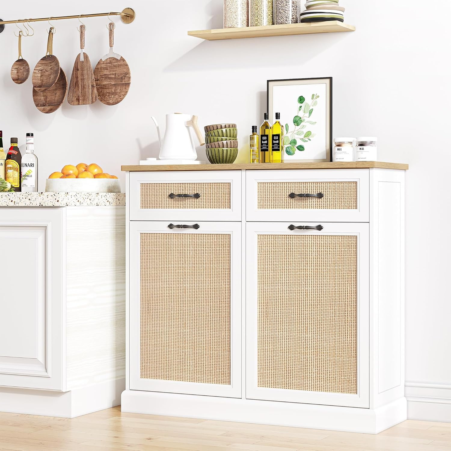 GAOMON Double Rattan Tilt-Out Trash Can Cabinet, Freestanding 10-Gallon ...