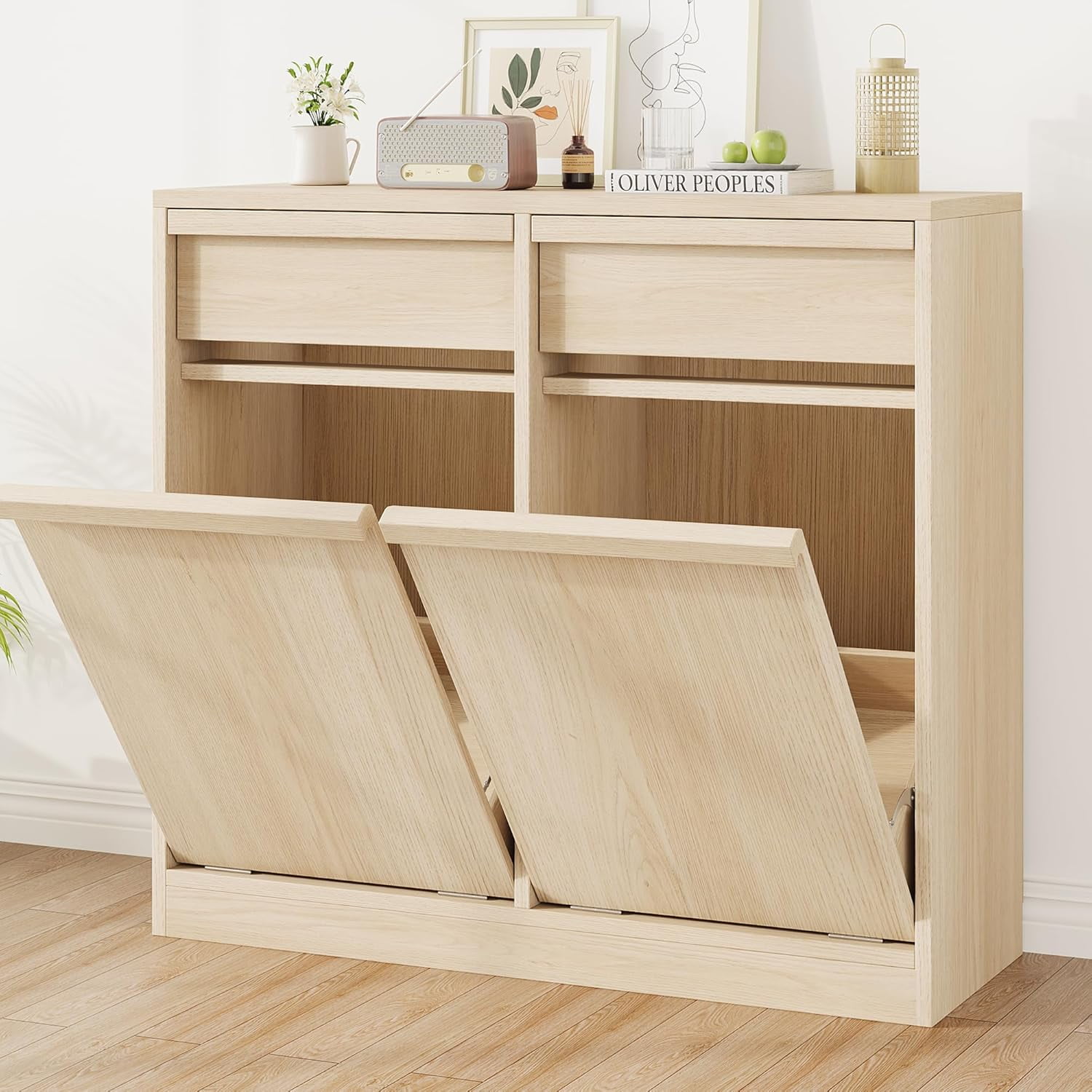 GAOMON Double Trash Cabinet Tilt Out, Freestanding Trash Can with 20 ...