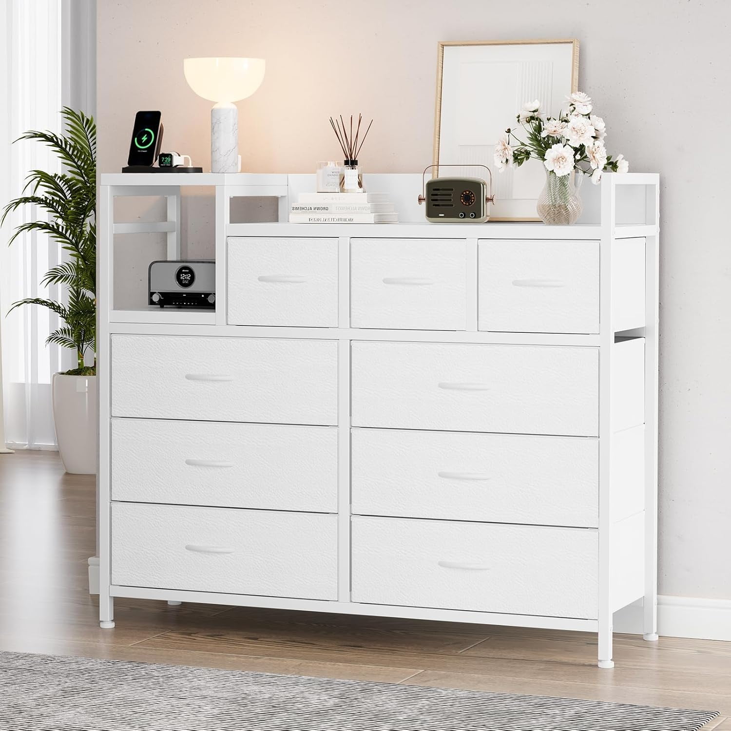 GAOMON Dressers, 9-Drawer, Pink, TV Stand with Charging Station, Media ...