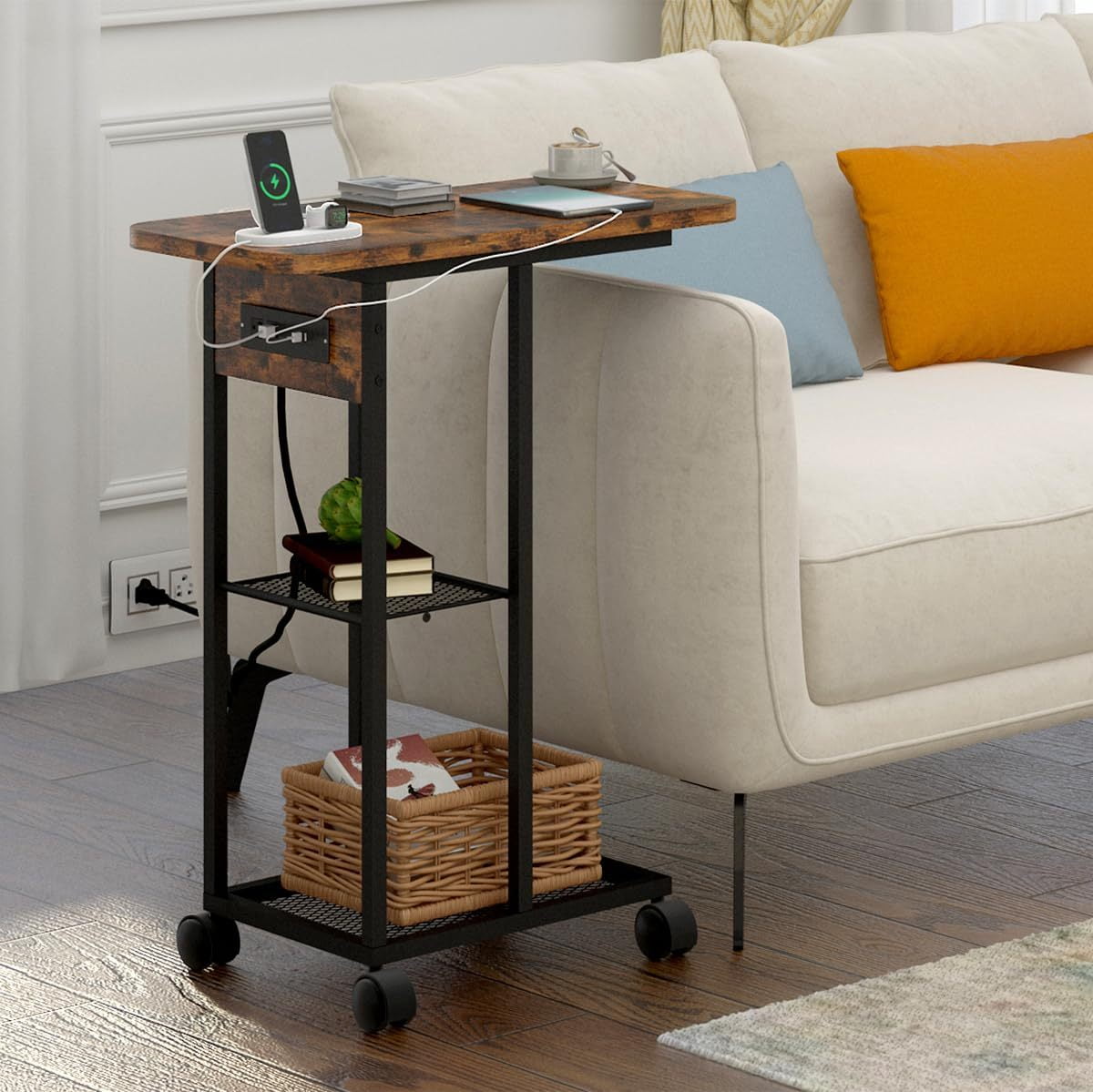 GAOMON End Table with Charging Station - Rustic Brown Narrow Nightstand ...