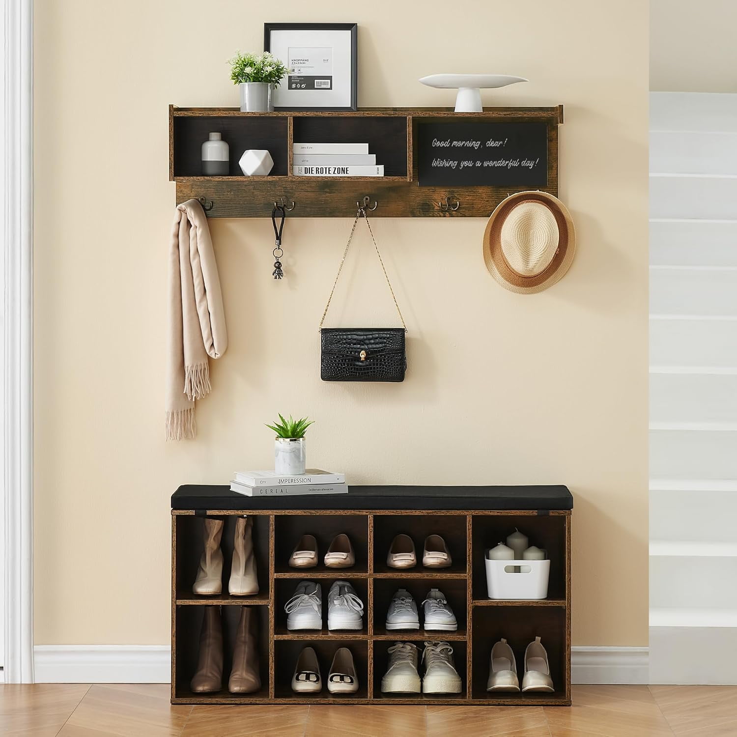 GAOMON Entryway Bench With Coat Rack, 10 Shoe Cubbies & 5 Coat Hooks ...