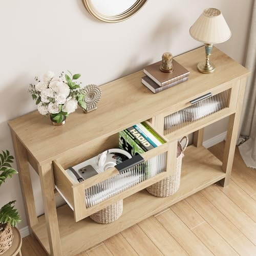 GAOMON Entryway Table, Wood Console Table with 2 Glass Drawers, 2 Tier ...