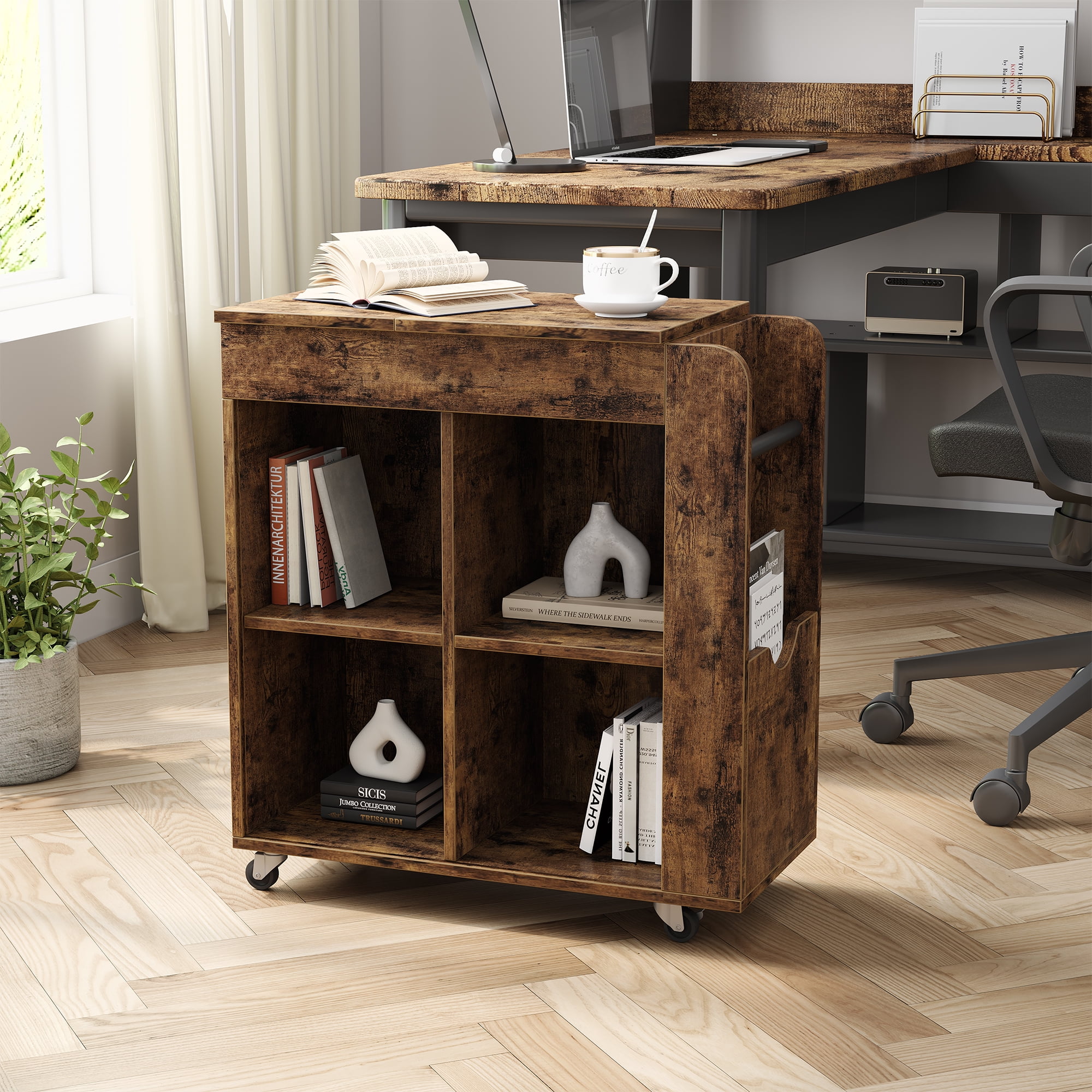 GAOMON Flip Top Side Table, Open Storage Shelf, Four Wheels, Vintage ...